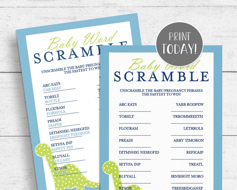 Dinosaur Baby Shower Word Scramble Game Printable - Dino Blue and Green ...