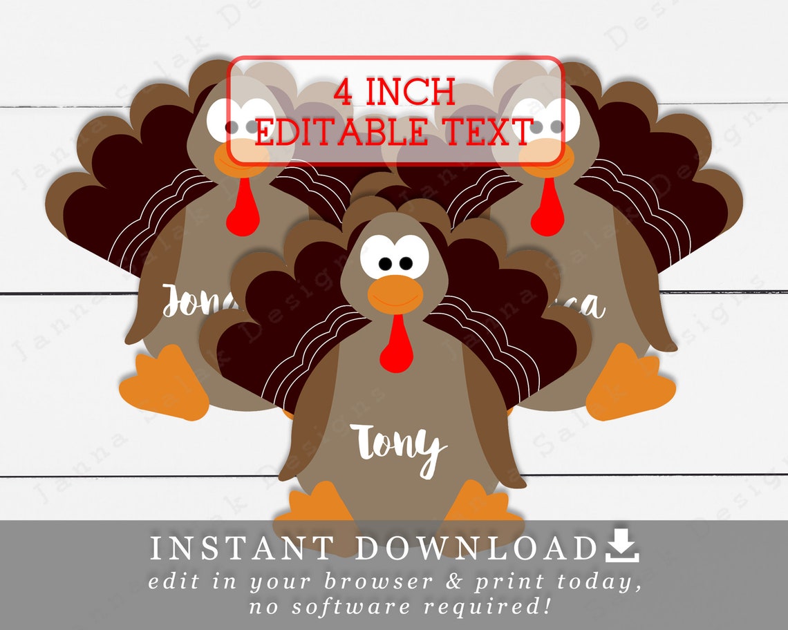 4 Turkey Name Tags With Editable Text DIY Printable - Etsy