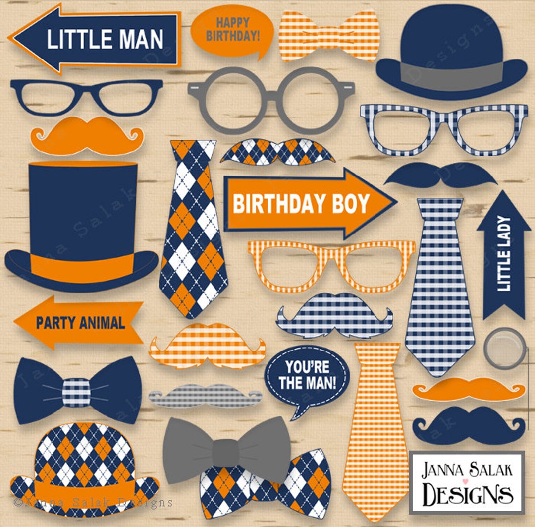 Printable Little Man Photo Booth Props Birthday Party Orange Blue Grey ...