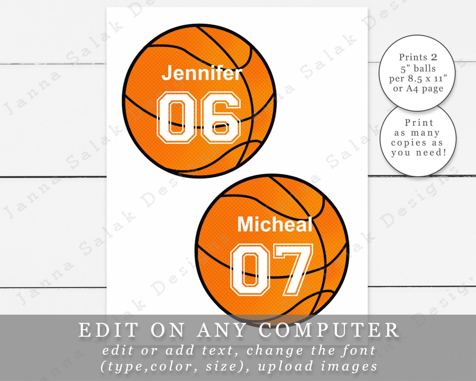 5" Basketball With Editable Names and Numbers DIY Template Printable - Etsy