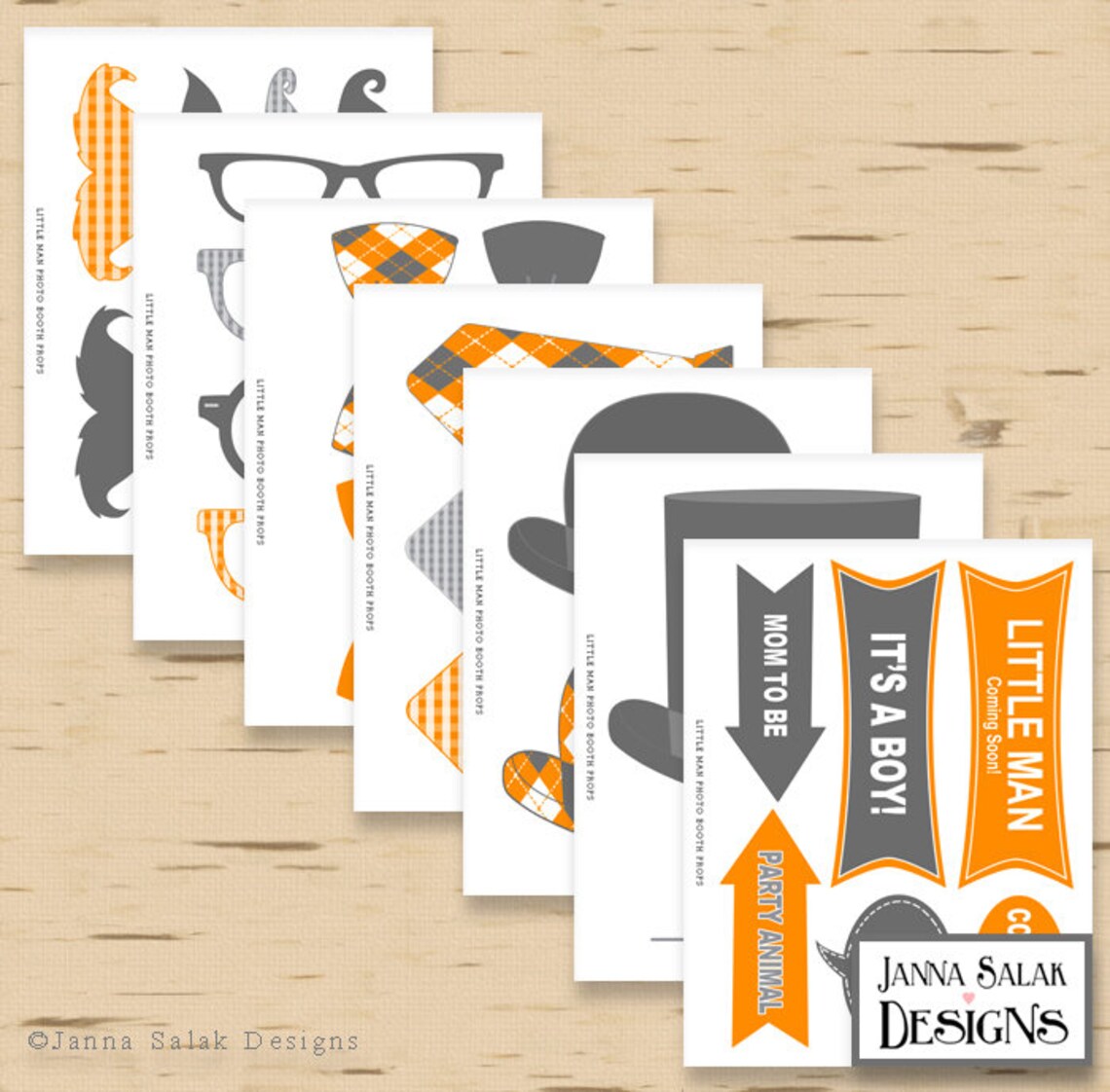 Printable Little Man Photo Booth Props Baby Shower Orange Grey | Etsy