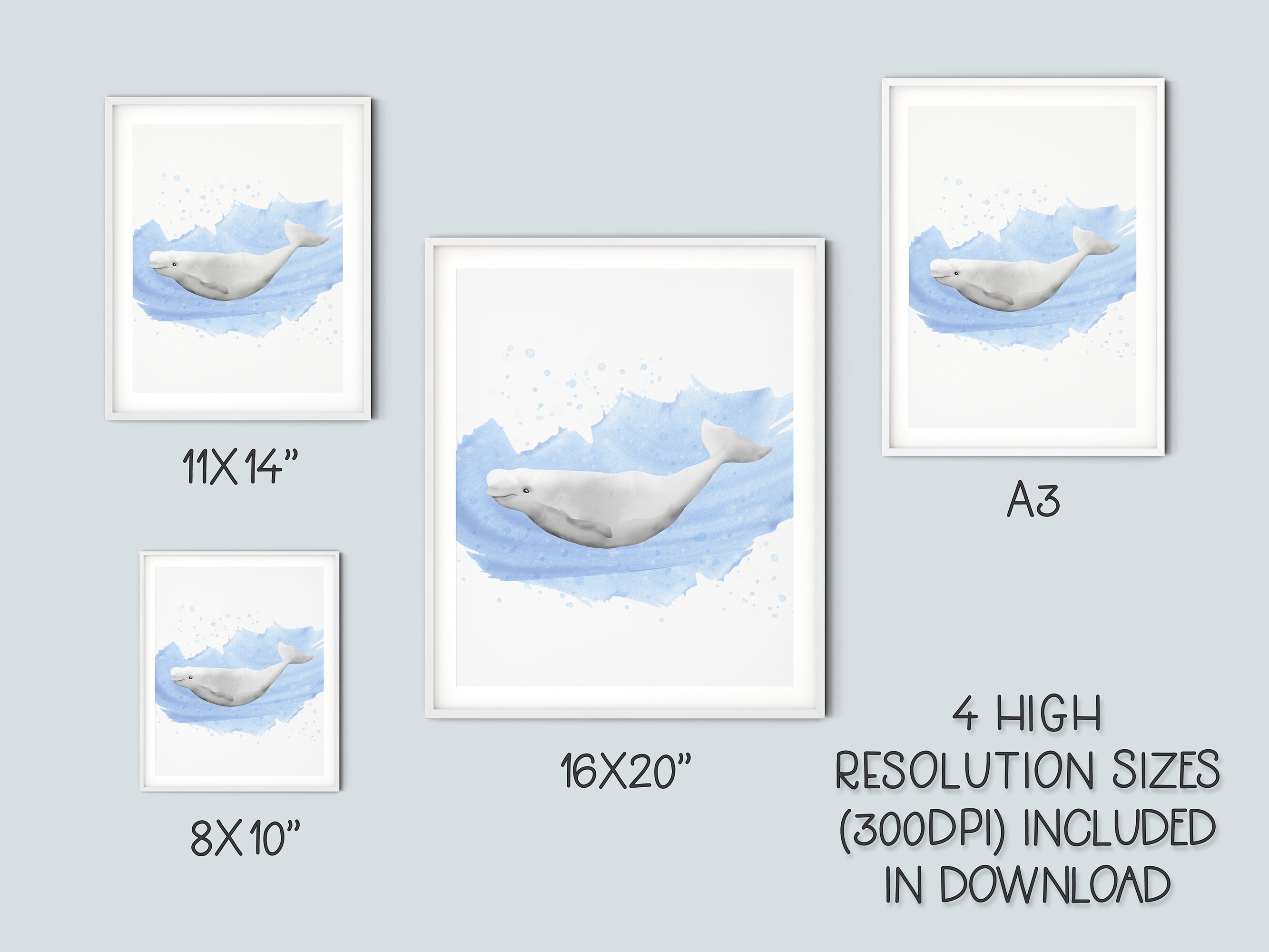 Beluga Blue Wave Nursery Prints Set of 3 Printable Watercolor Belugas ...
