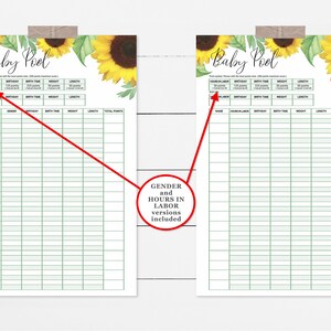 Printable Baby Shower Baby Pool Game Sunflower Birth Predictions 11" X ...