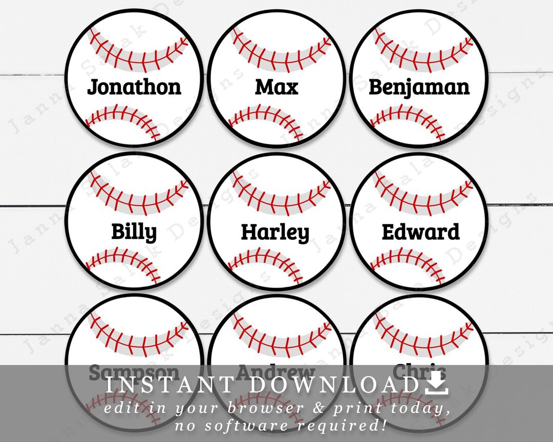 2.5" Baseball Printable Cupcake Toppers Tags With Editable Names / Text ...