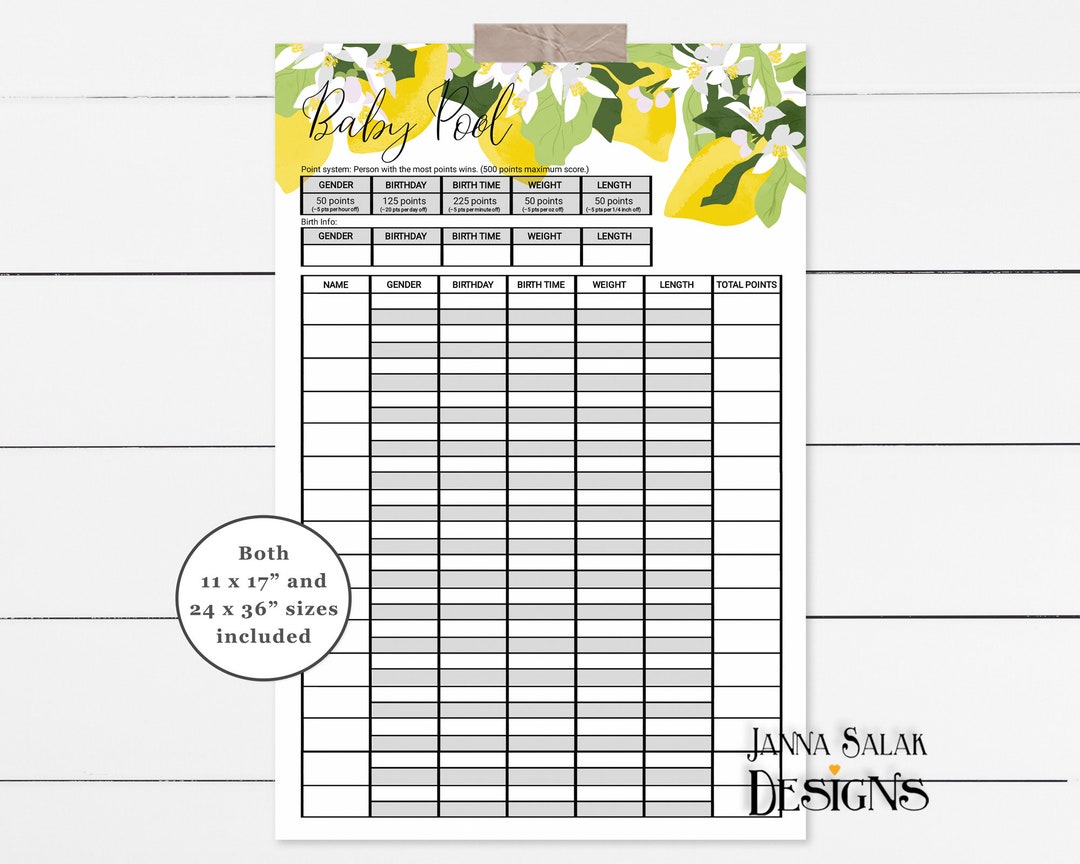 Printable Baby Shower Baby Pool Game Lemons and Blossoms Birth ...