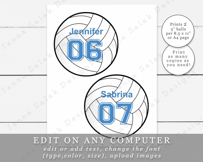 5" Volleyballs With Editable Names and Numbers DIY Template Printable ...