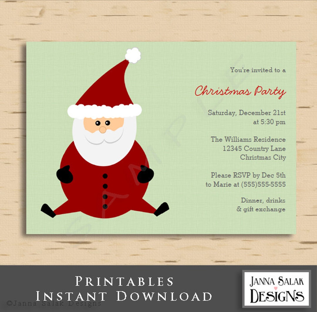 Printable Santa Claus Christmas Party Invitation 5x7 Cute Green and Red ...