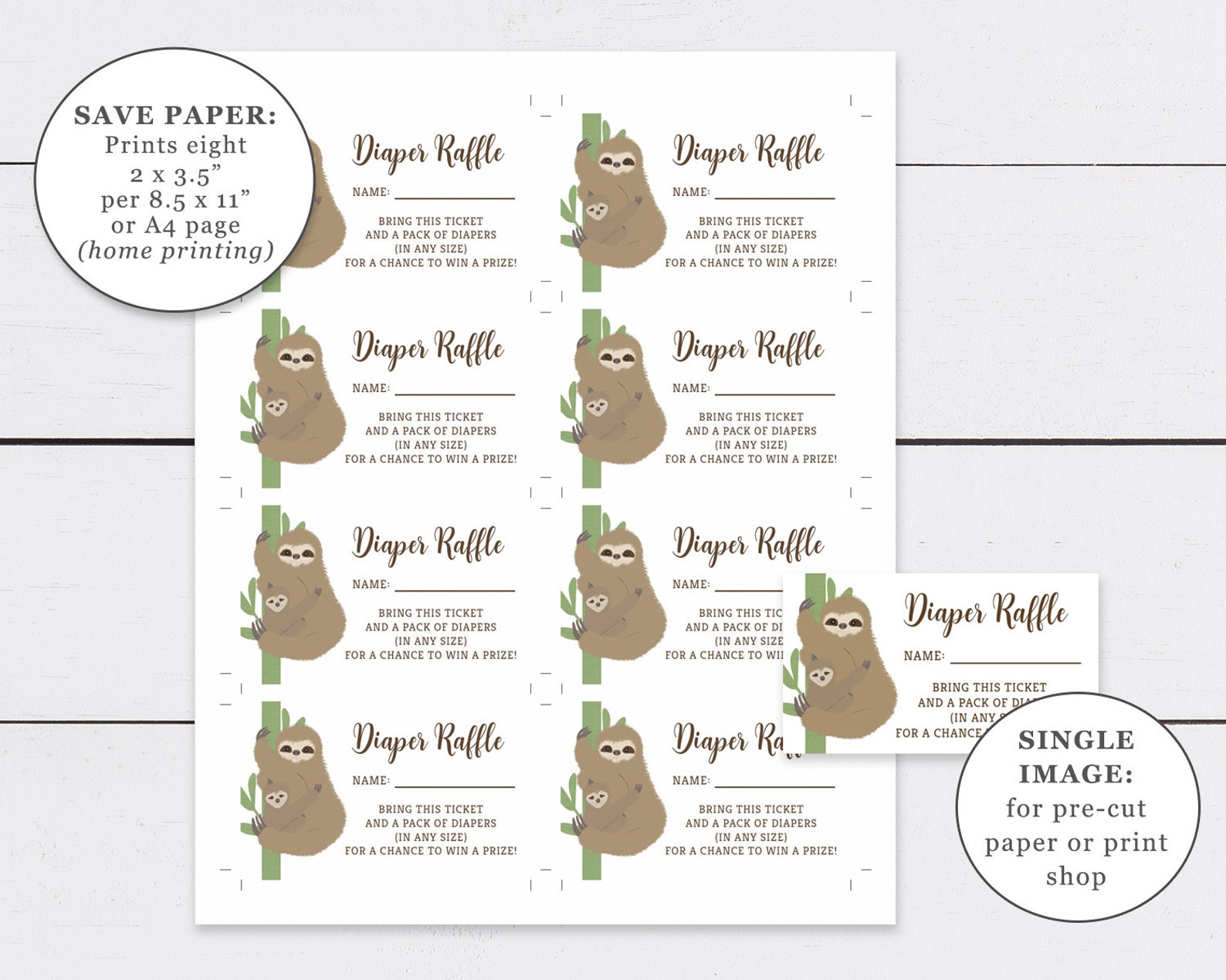 Sloth Diaper Raffle Ticket Template Green and White 2x3.5" DIY ...