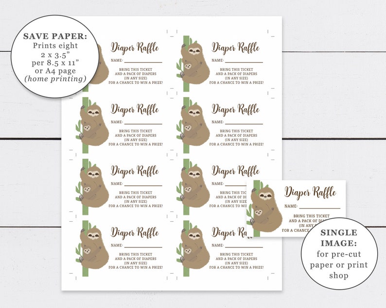Sloth Diaper Raffle Ticket Template Green and White 2x3.5" DIY ...