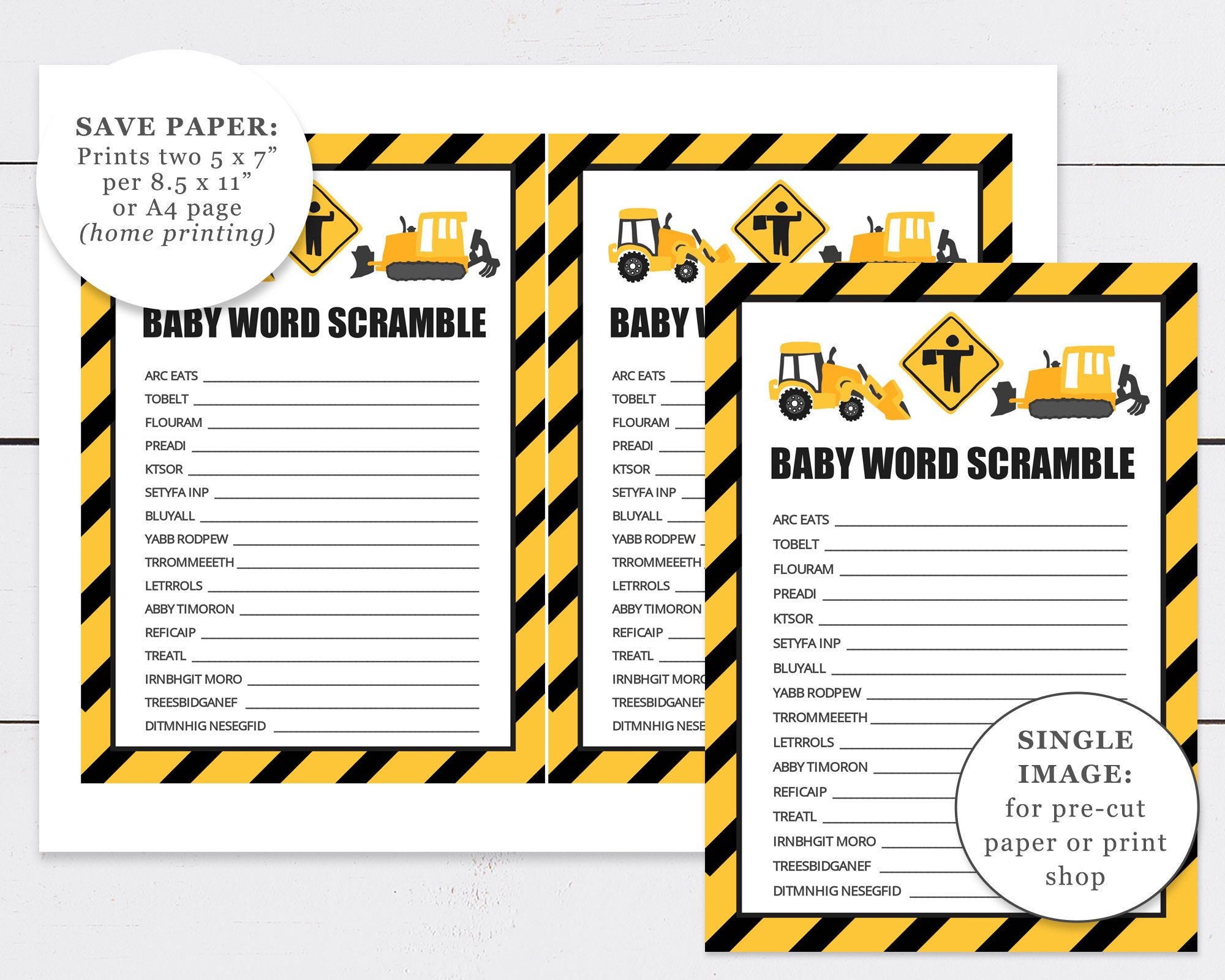 Construction Baby Shower Word Scramble Game Printable INSTANT | Etsy