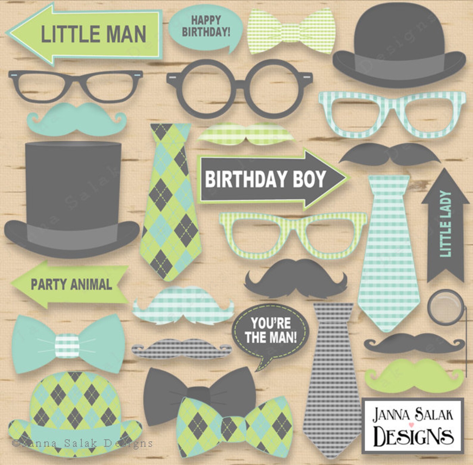 Printable Little Man Photo Booth Props Birthday Party Green | Etsy