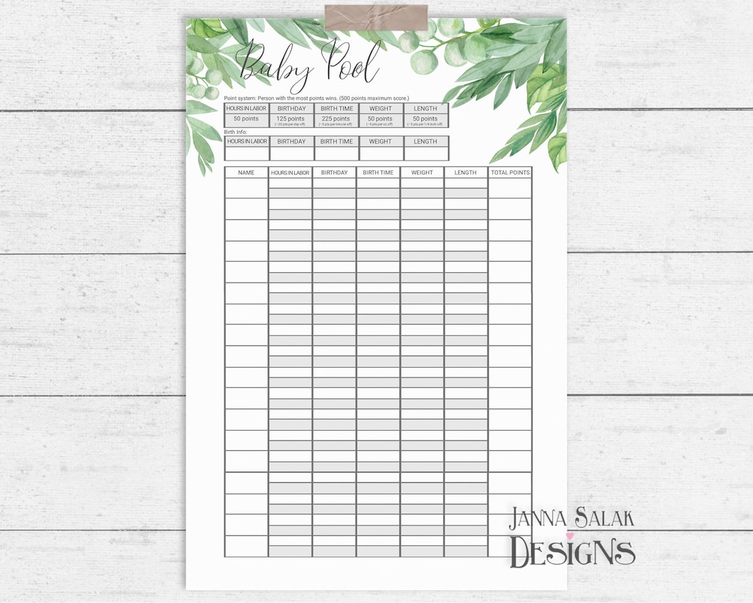Printable Baby Shower Baby Pool Game Greenery Birth Predictions 11" X ...