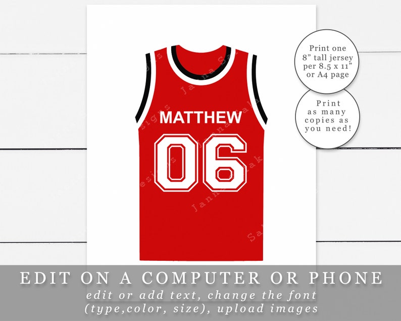 8" Basketball Jersey Tags With Editable Names Numbers and Colors DIY ...