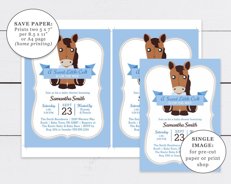 Horse Boy Baby Shower Invitation Template Blue and Brown 5x7 - Etsy