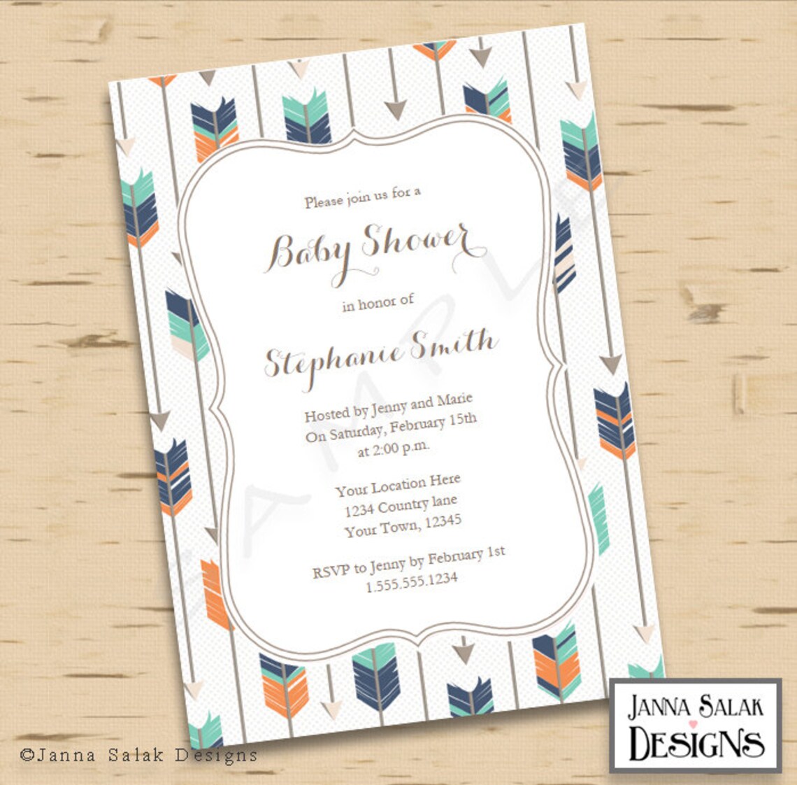 Tribal Arrow Baby Shower Invitation You Edit- Boho Navy Orange Green ...
