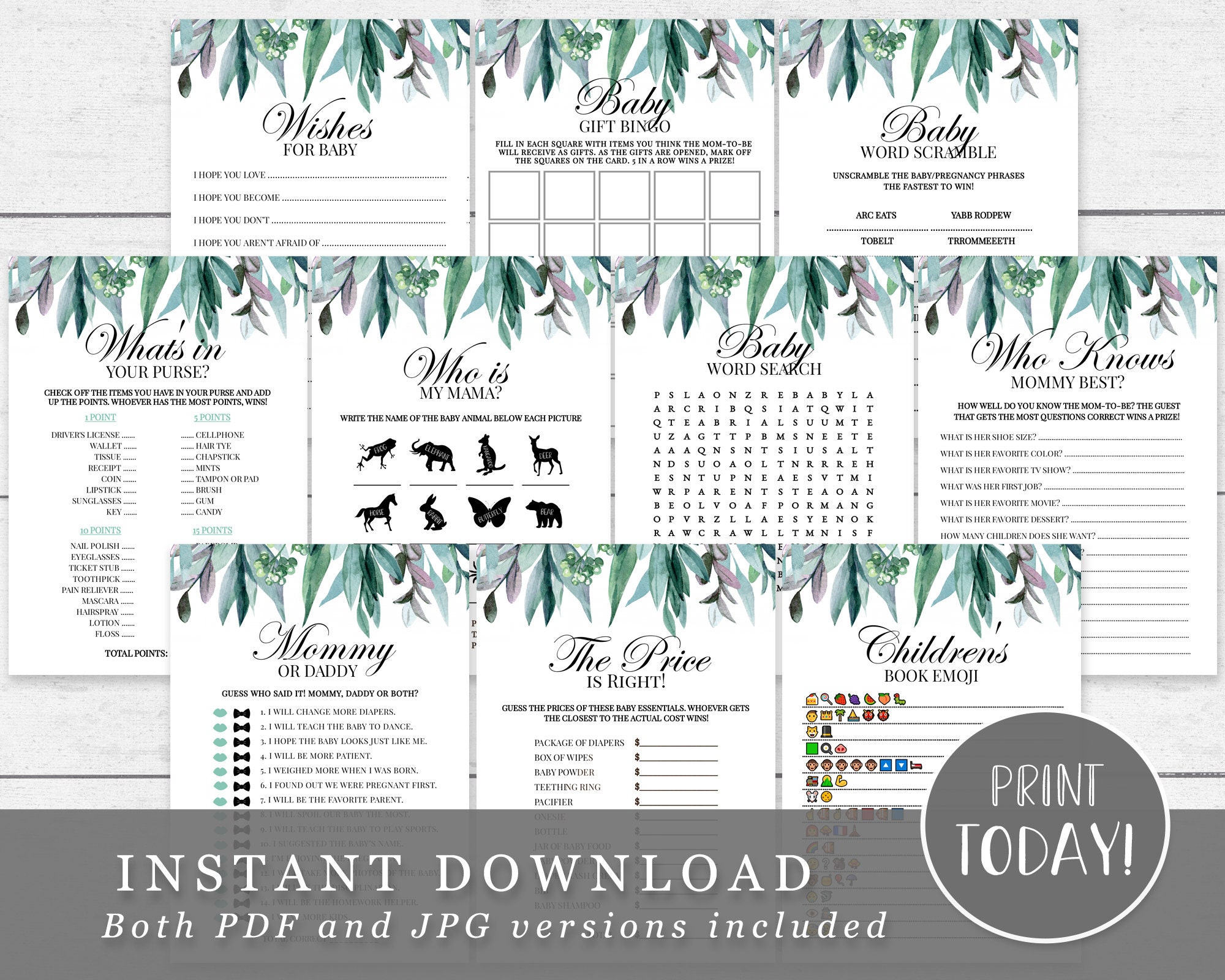 Greenery Baby Shower Game Package Printable - 10 Games - Green and ...