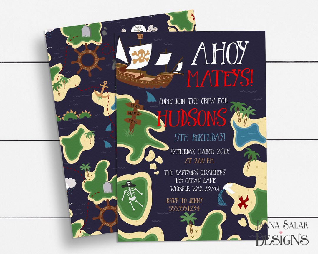Pirate Treasure Map Birthday Party Invitation Template 5x7 Digital ...
