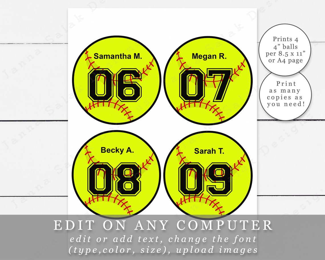 4 Softball Tags With Editable Names and Numbers DIY - Etsy