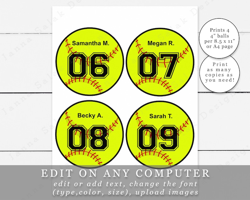 4 Softball Tags With Editable Names and Numbers DIY - Etsy