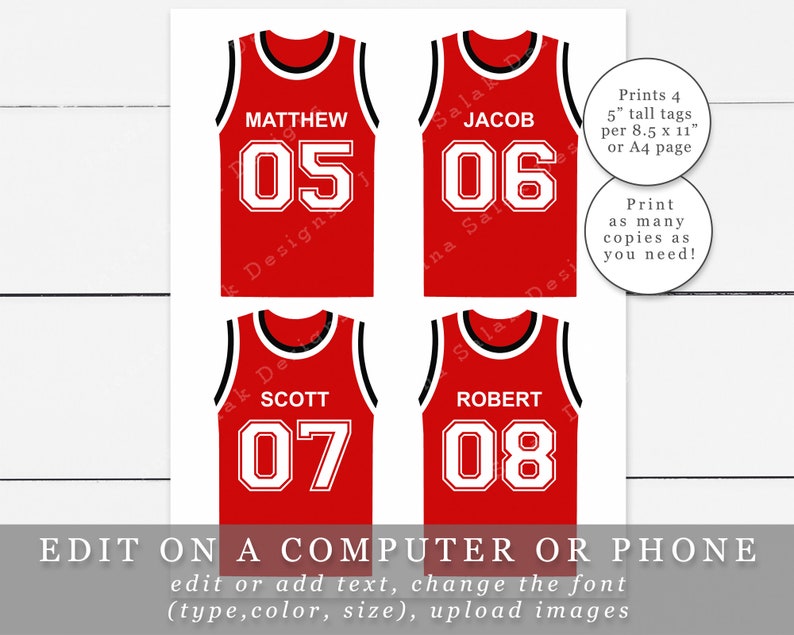 5" Basketball Jersey Tags With Editable Names Numbers and Colors DIY ...