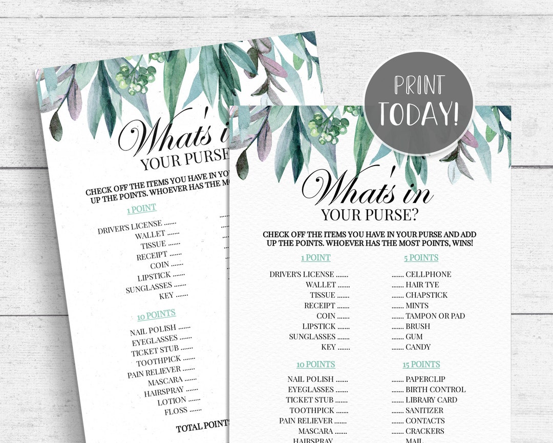 Greenery Baby Shower What's in Your Purse Game Printable - Green and ...