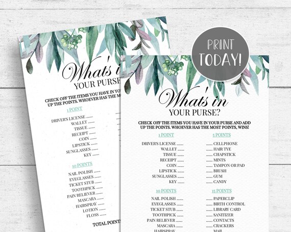 Greenery Baby Shower What's in Your Purse Game Printable - Etsy