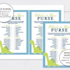 Dinosaur Baby Shower What's in Your Purse Game Printable - Dino Blue ...