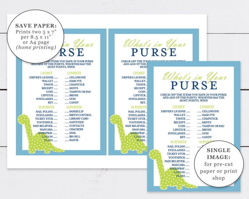Dinosaur Baby Shower What's in Your Purse Game Printable | Etsy
