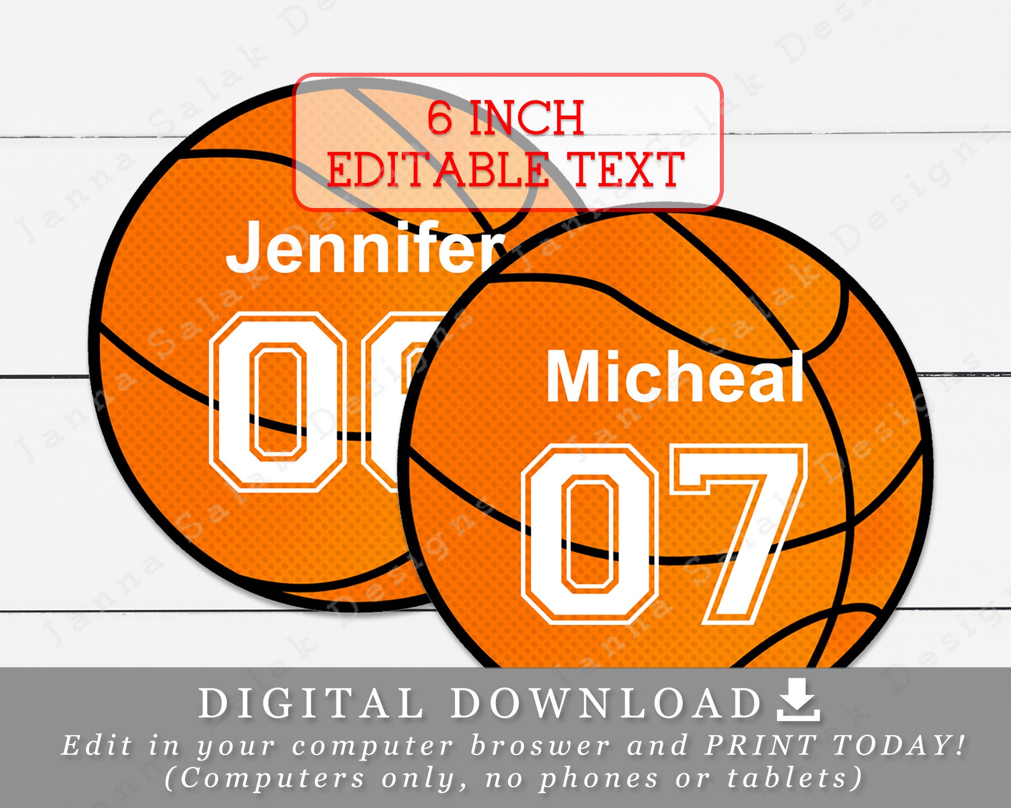 6 Basketball Printable Circle Tags With Editable Names - Etsy