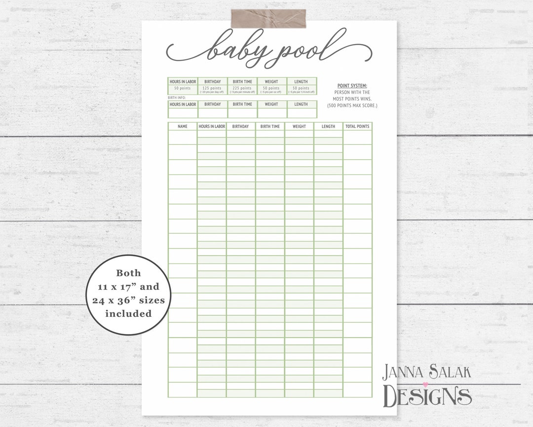 Printable Baby Shower Baby Pool Game Green Modern Minimalist Birth ...