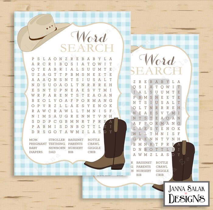 Cowboy Baby Shower Game Word Search Blue Gingham DIY Printable INSTANT ...