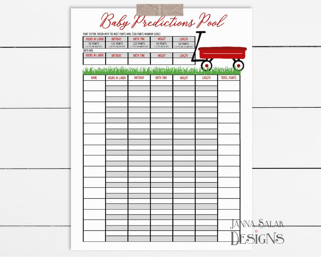 Printable Baby Shower Baby Pool Game Red Wagon Birth Predictions in 3 ...