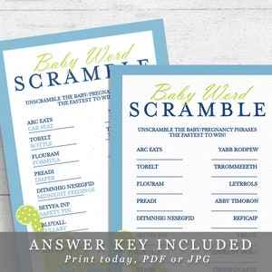 Dinosaur Baby Shower Word Scramble Game Printable - Dino Blue and Green ...