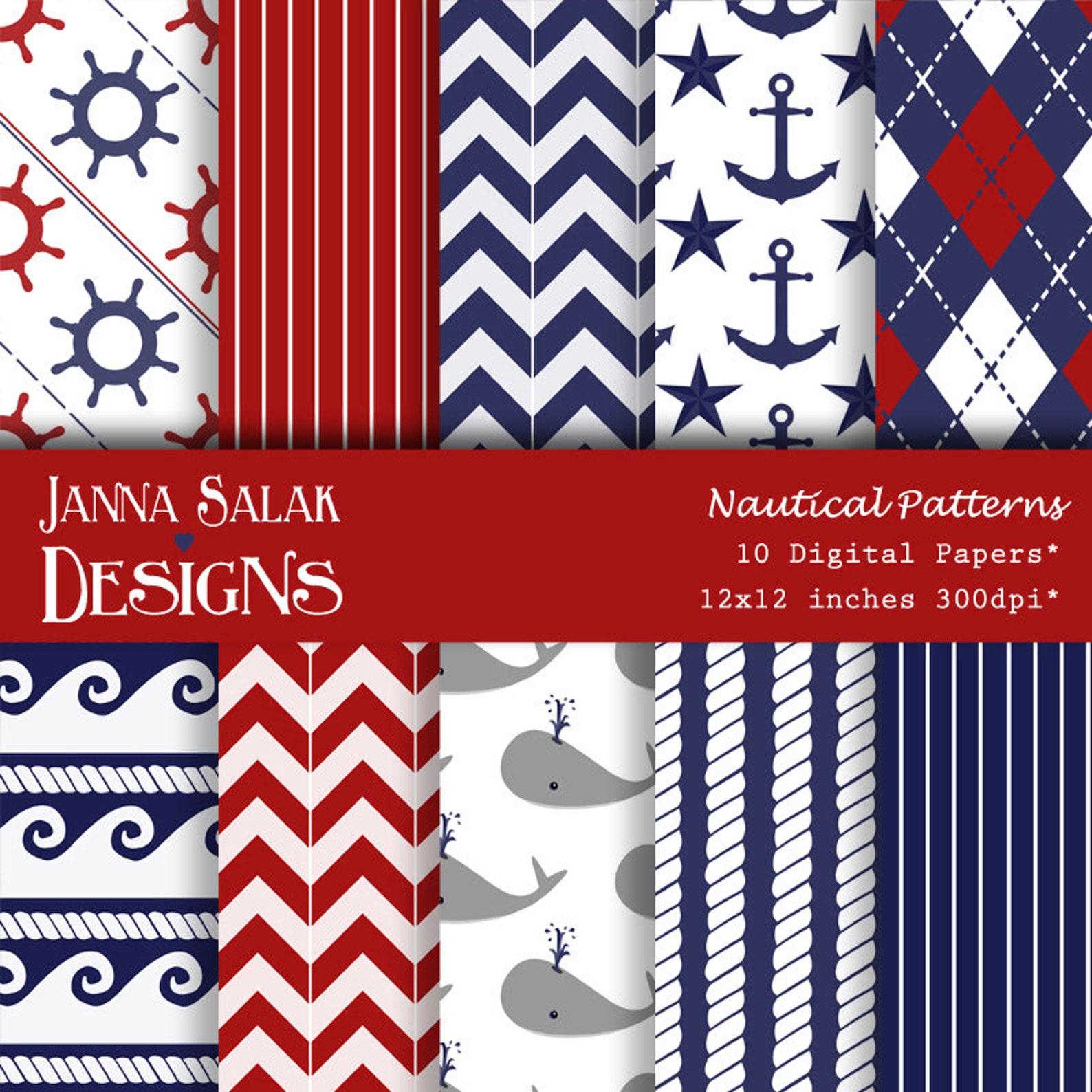 Cute Nautical Patterns Anchor Rope Whale Digital Scrapbook Paper ...