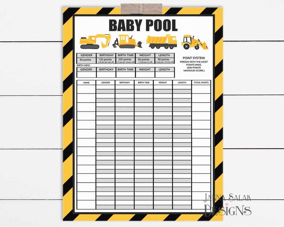 Printable Baby Shower Baby Pool Game Construction Theme Birth ...