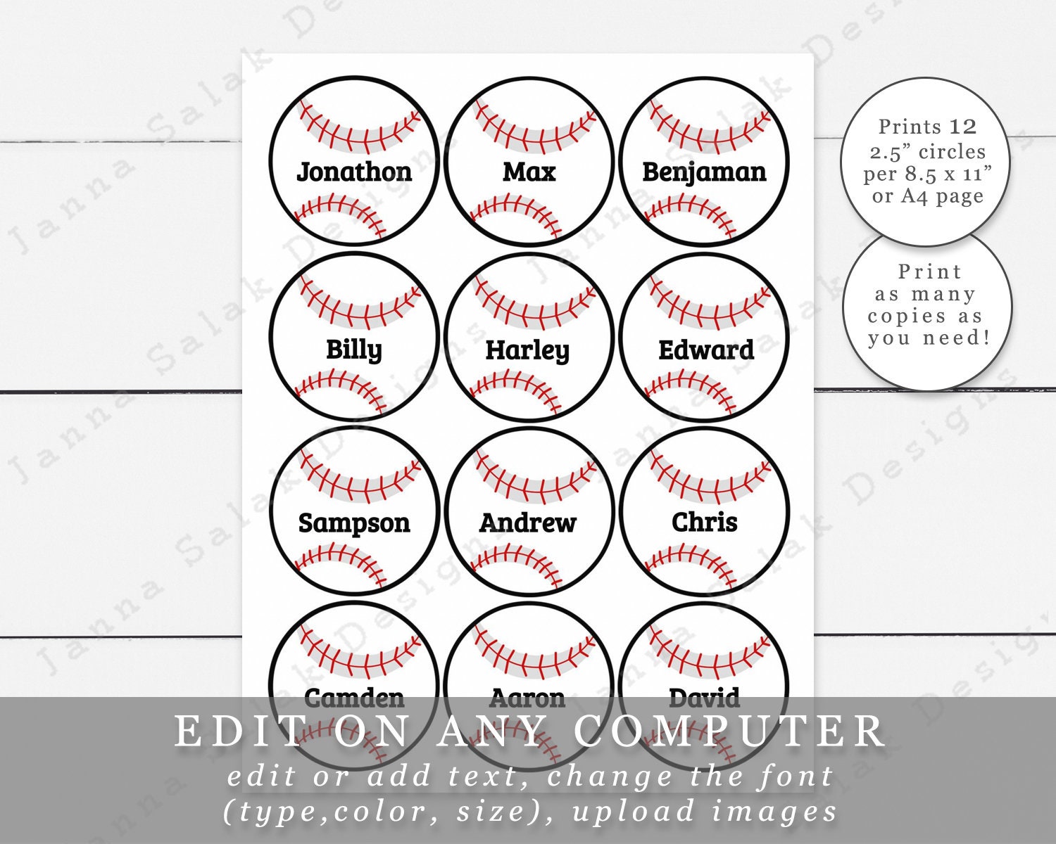 2.5" Baseball Printable Cupcake Toppers Tags With Editable Names / Text ...