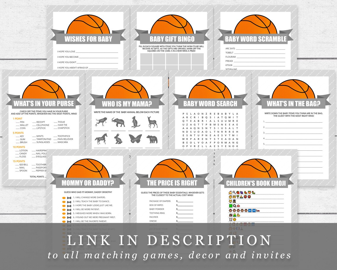 Basketball Baby Book Emoji Pictionary Game Printable - Orange and Gray ...