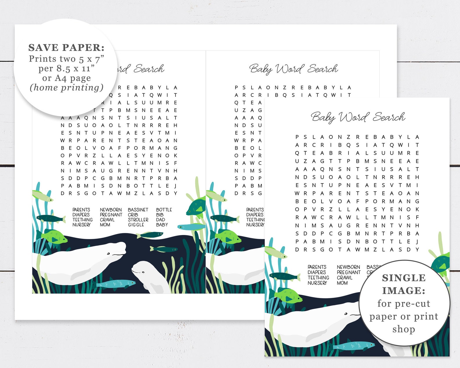 Beluga Baby Shower Word Search Game Printable - Whale Baby Shower ...