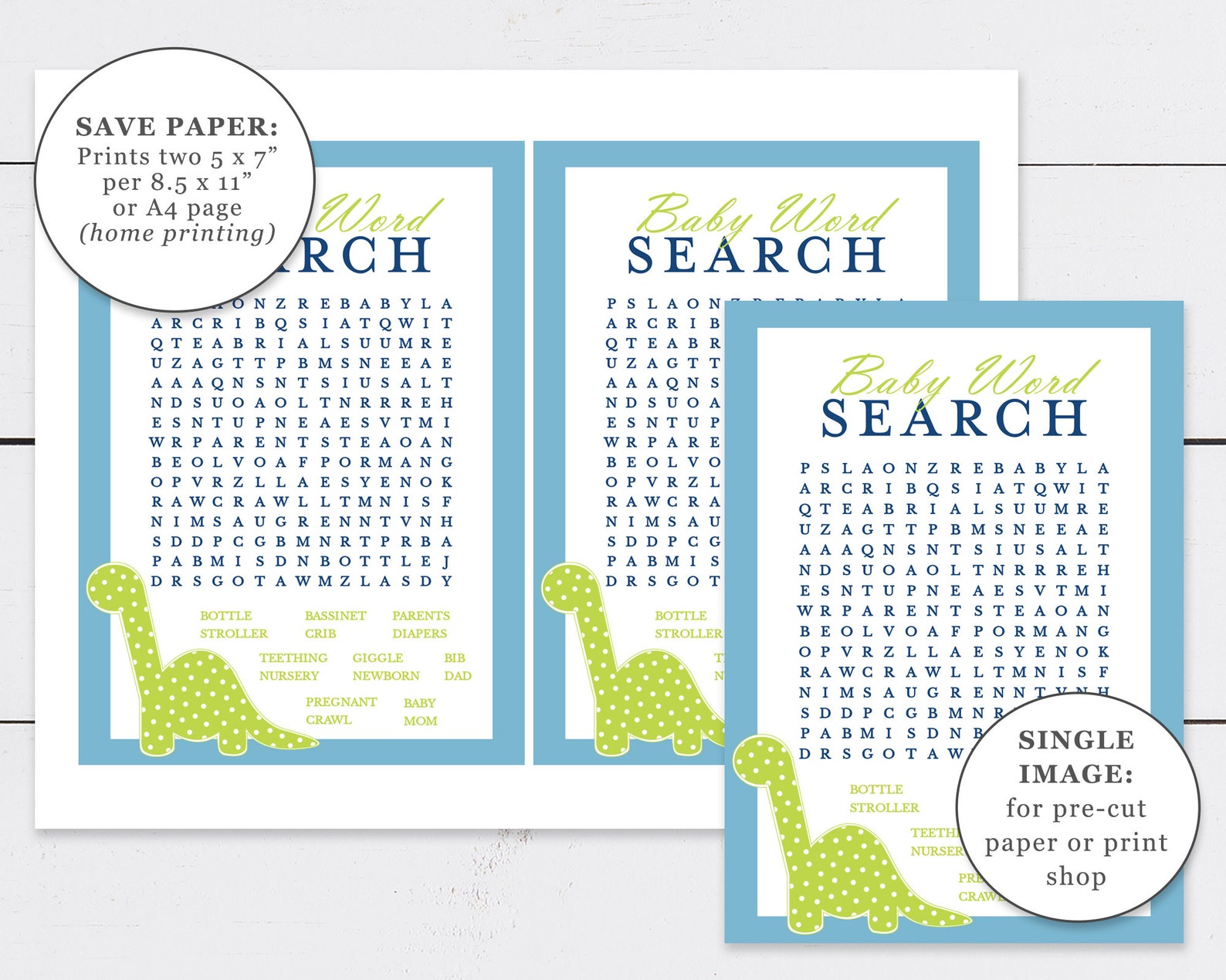 Dinosaur Baby Shower Word Search Game Printable Dino Blue and Green ...