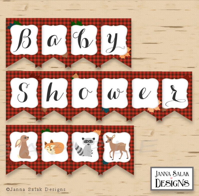 Woodland Creatures Baby Shower Banner Red and Black Plaid Party DIY ...