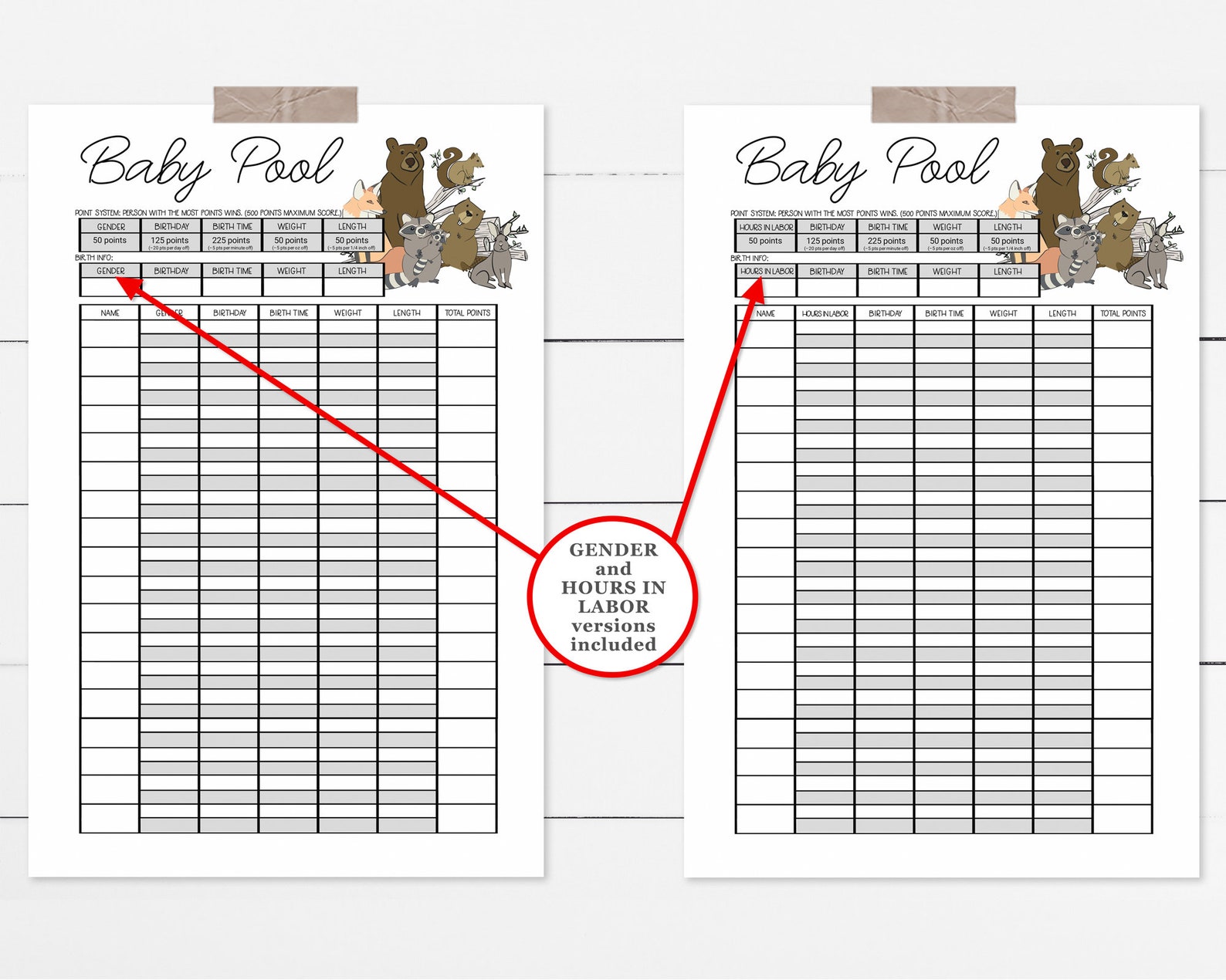Printable Baby Shower Baby Pool Game Woodland Animals Birth Predictions ...