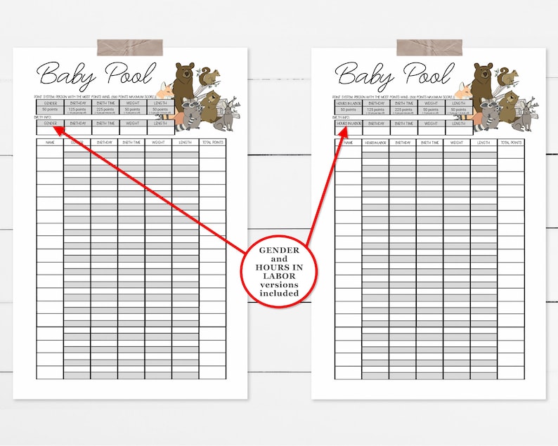 Printable Baby Shower Baby Pool Game Woodland Animals Birth Predictions ...