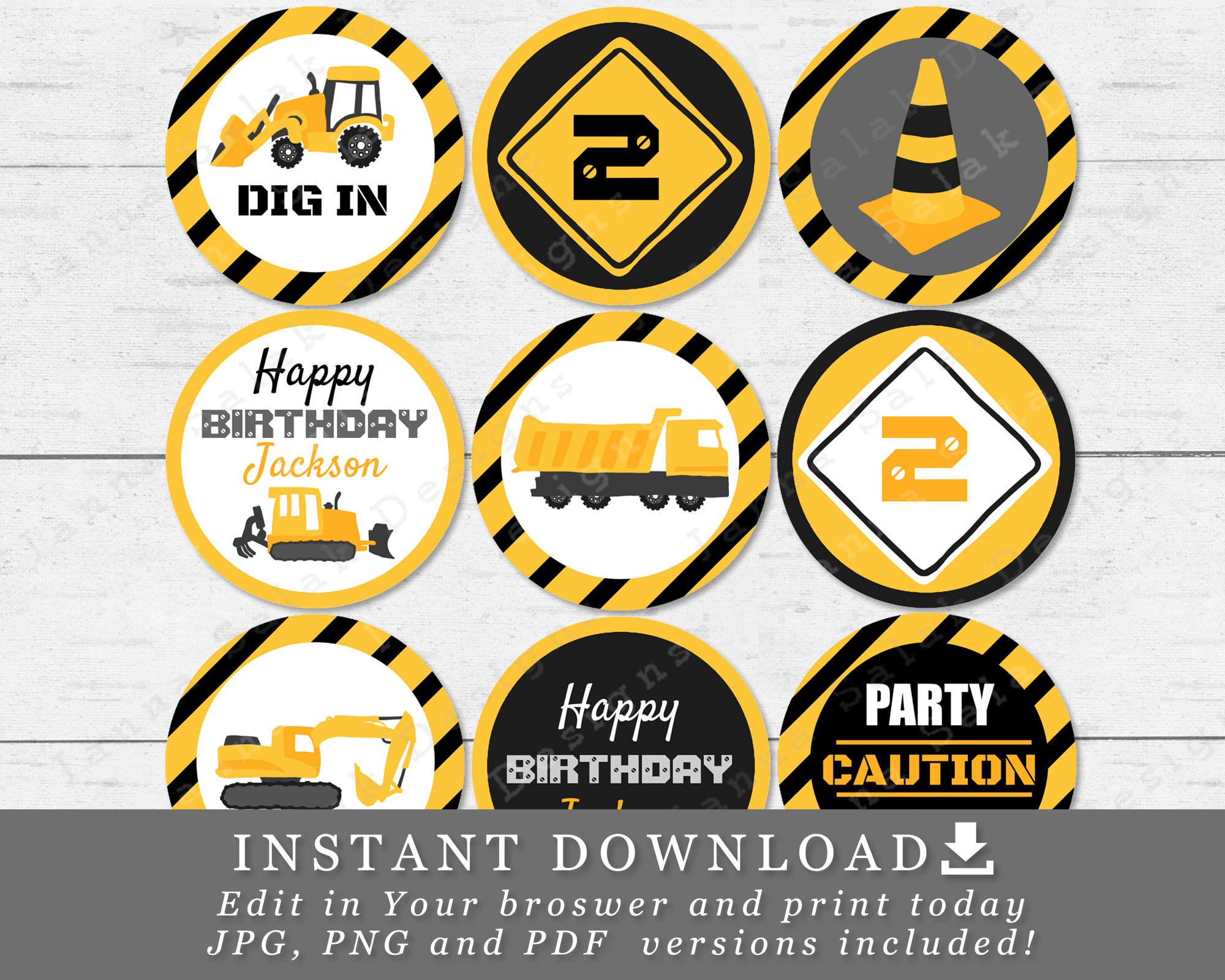 Construction Birthday Cupcake Toppers Template 2" & 2.5" DIY Edit and ...