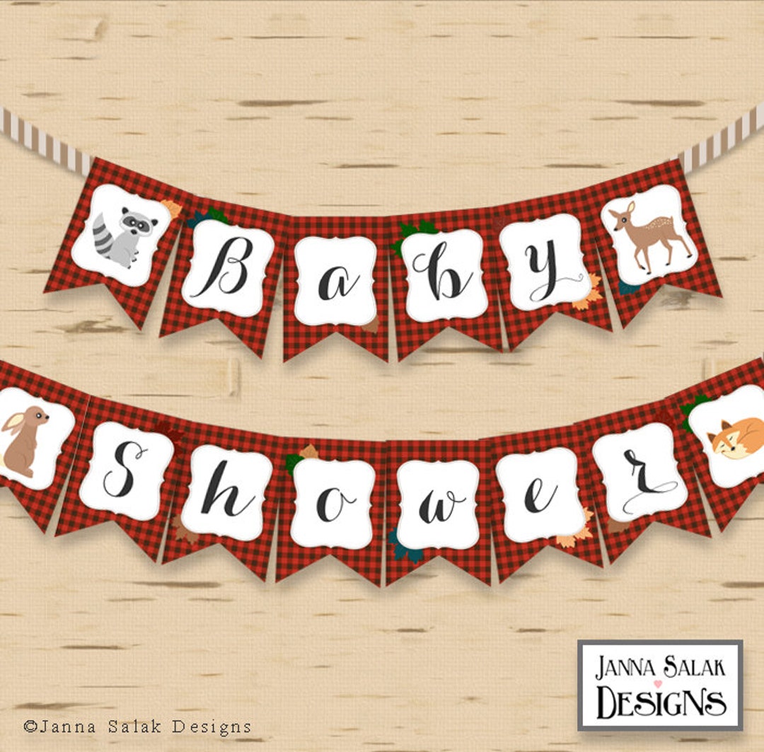 Woodland Creatures Baby Shower Banner Red and Black Plaid Party DIY ...