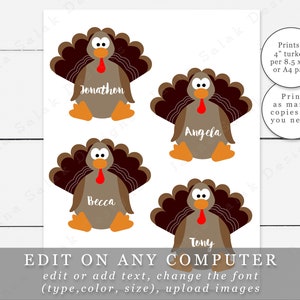 4" Turkey Name Tags With Editable Text DIY Printable Template ...