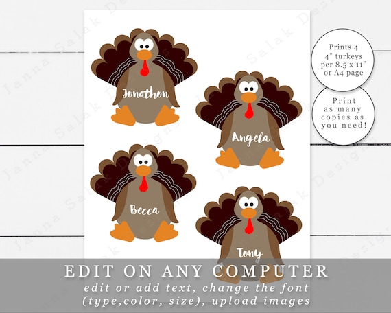 Turkey Name Tags Printable EDITABLE Turkey Name Tags Turkey Labels