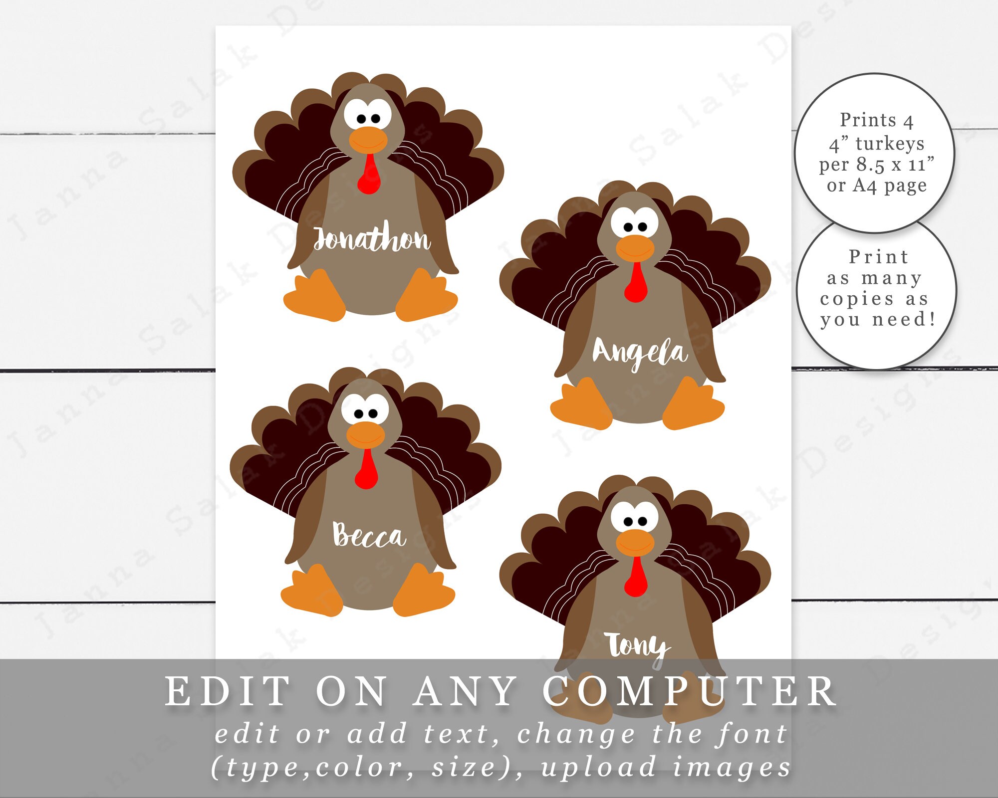 4" Turkey Name Tags With Editable Text DIY Printable Template ...