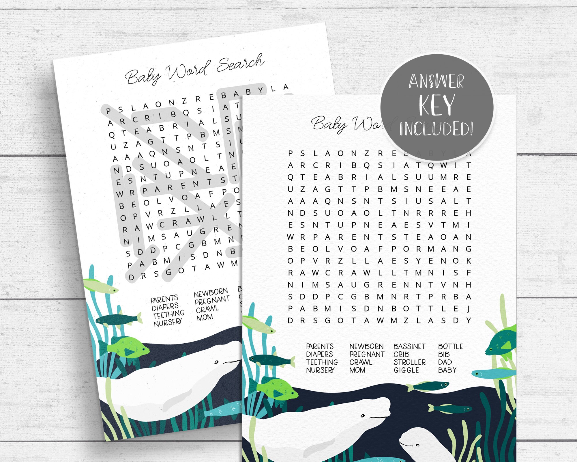 Beluga Baby Shower Word Search Game Printable - Whale Baby Shower ...