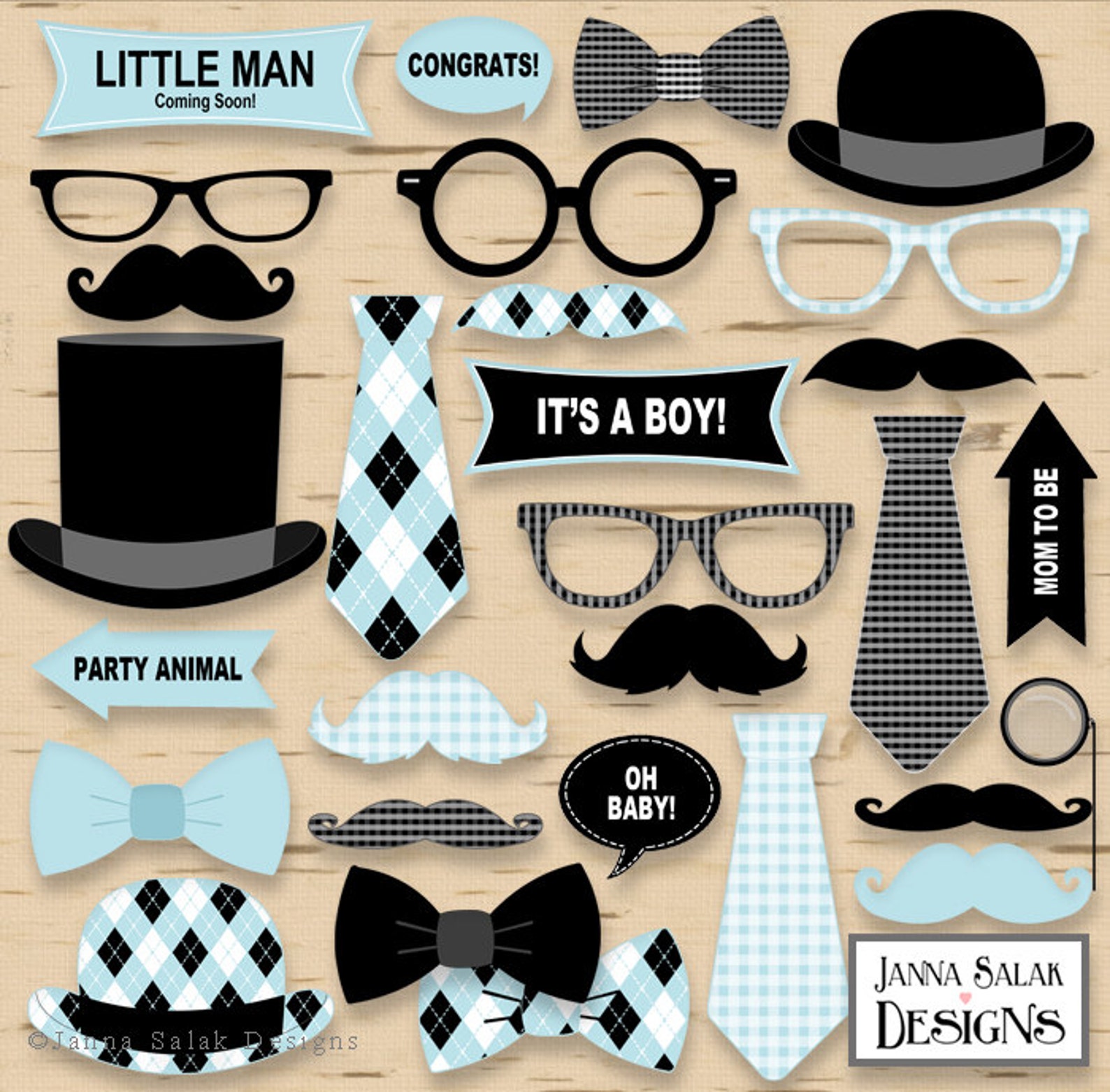 Printable Little Man Photo Booth Props Baby Shower Blue and Black Pdf ...