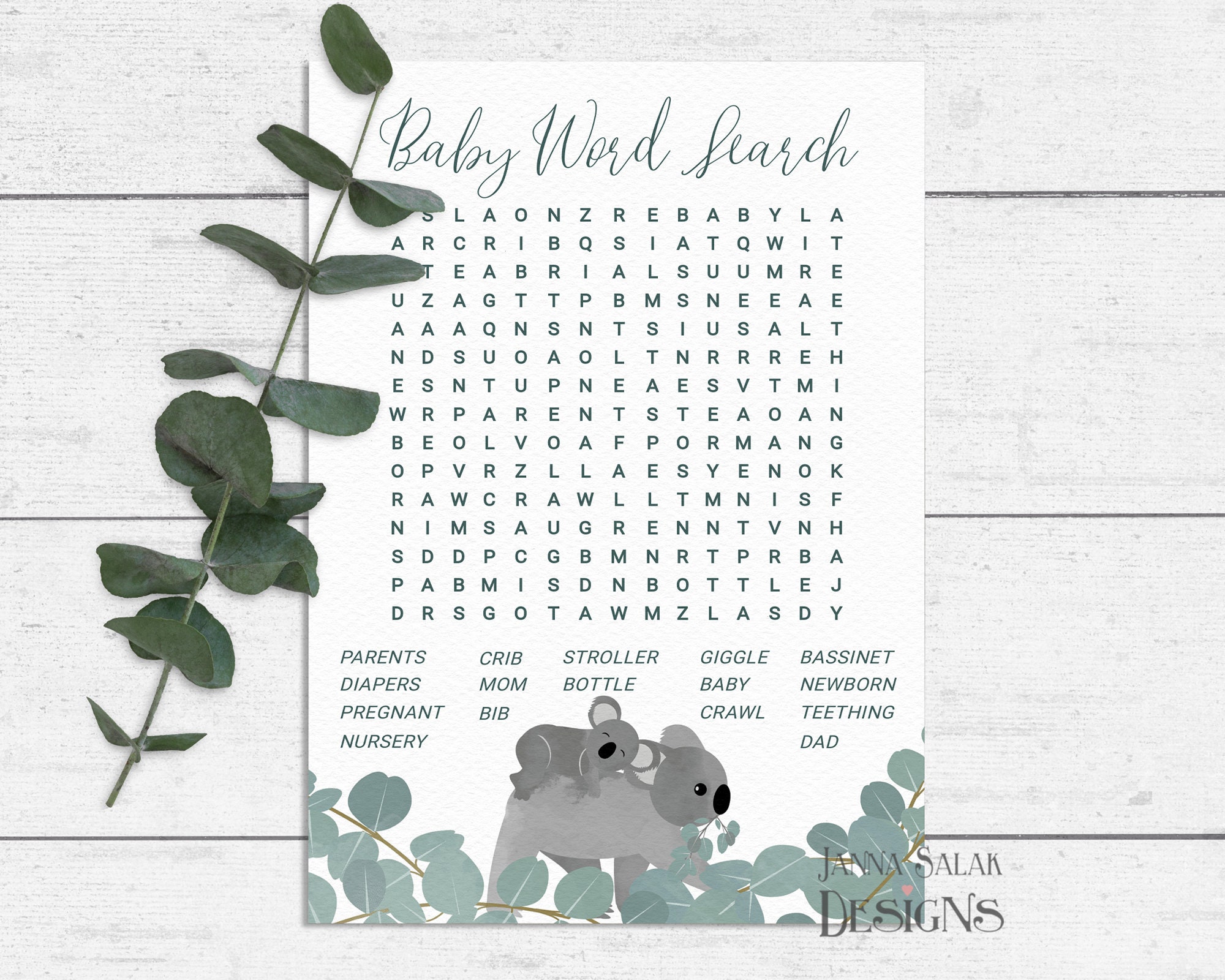 Koala Baby Shower Word Search Game - Printable Games - DIY INSTANT ...